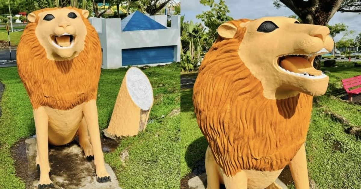 This Lion Statue In Miri Gets A Terrifying Makeover With Eerie Black Eyes
