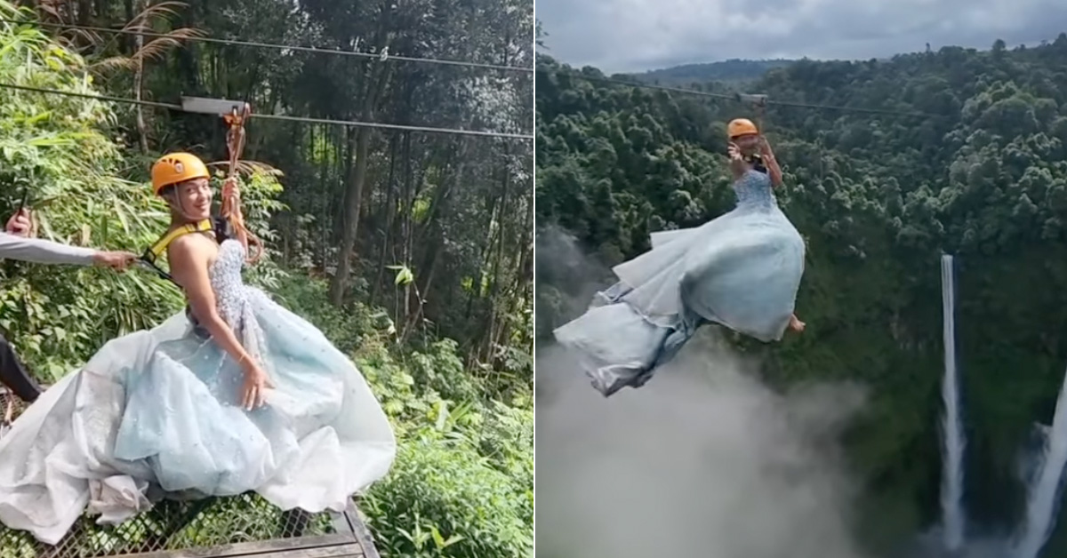 Thai Person Glides Down Flying Fox In Elegant Dress Against Stunning ...