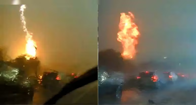 Watch As Lightning Strikes Pole & Turns It Into A Fireball