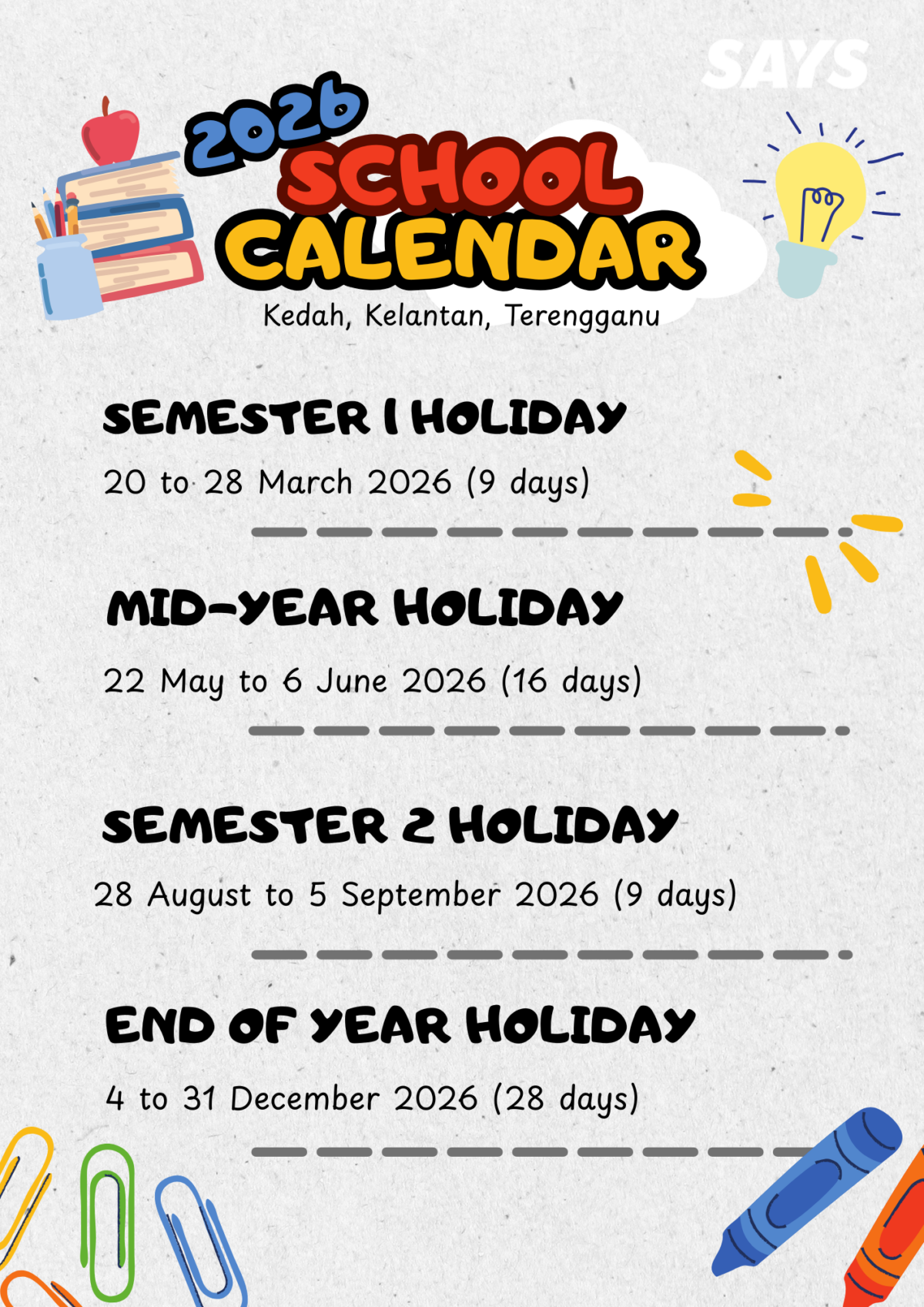 Here’s The 2026 School Holidays As Announced By The Education Ministry