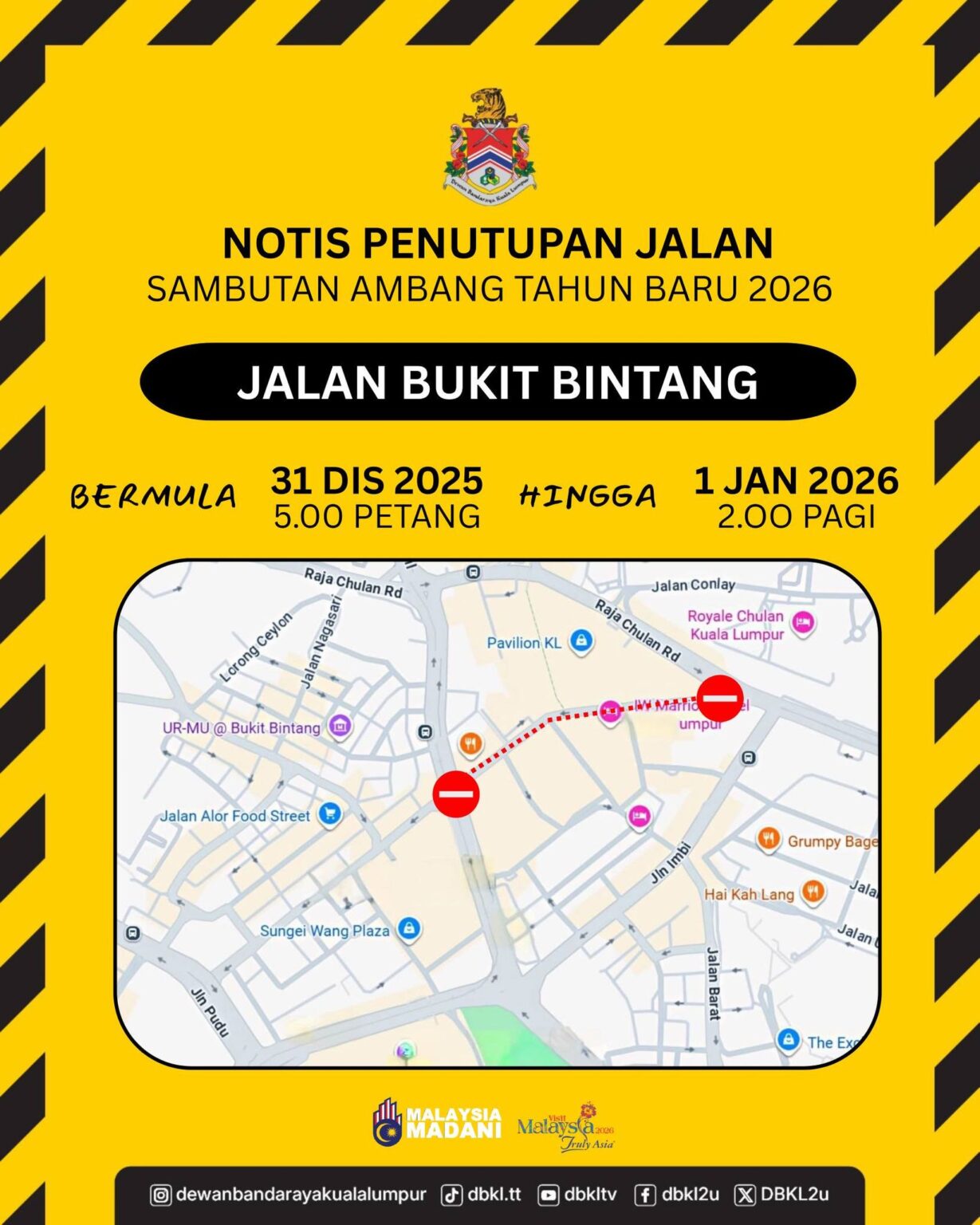 Jalan Bukit Bintang To Close On 1 & 3 January For Visit Malaysia 2026 ...