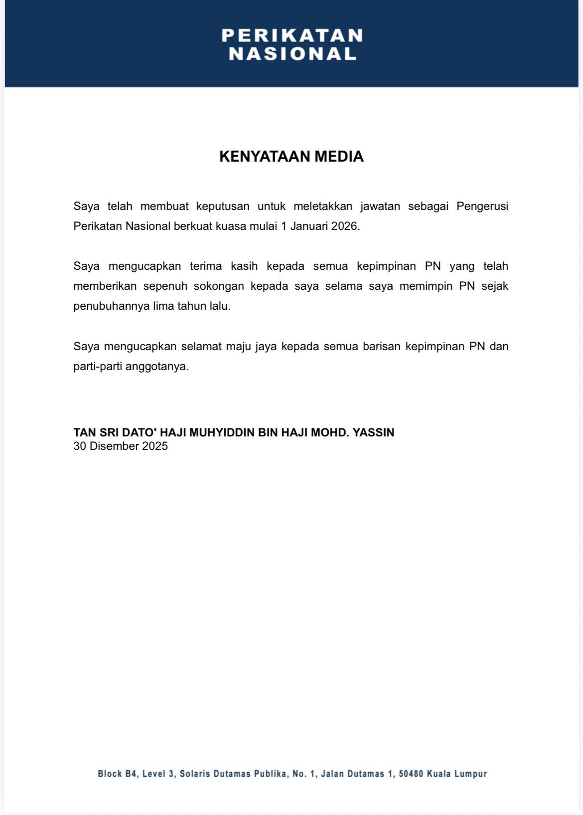 Muhyiddin Yassin Letak Jawatan Sebagai Pengerusi Perikatan Nasional